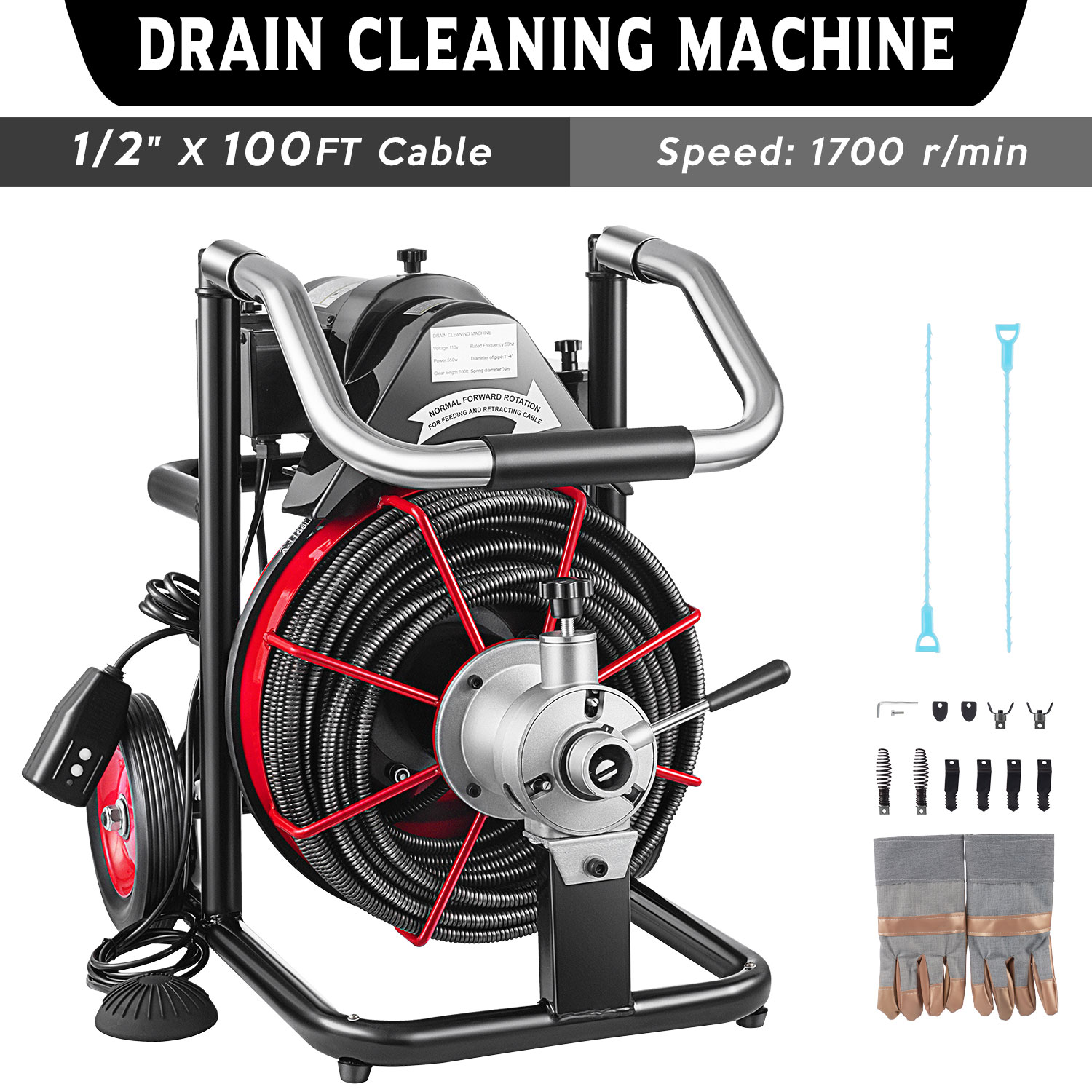 Electric Drain Snakes VEVOR 100-ft X 1/2-in Sewer Snake Machine With 4 ...