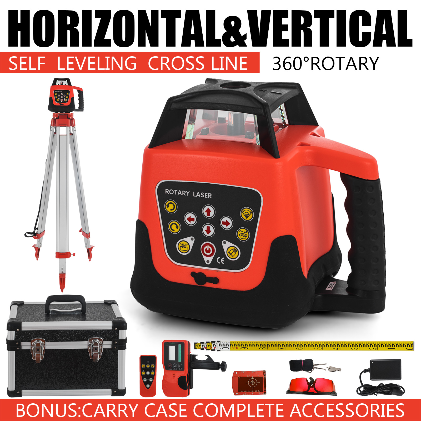 ROTARY RED LASER LEVEL + TRIPOD + 5M STAFF SELF-ROTATING EXTERIOR 500M ...